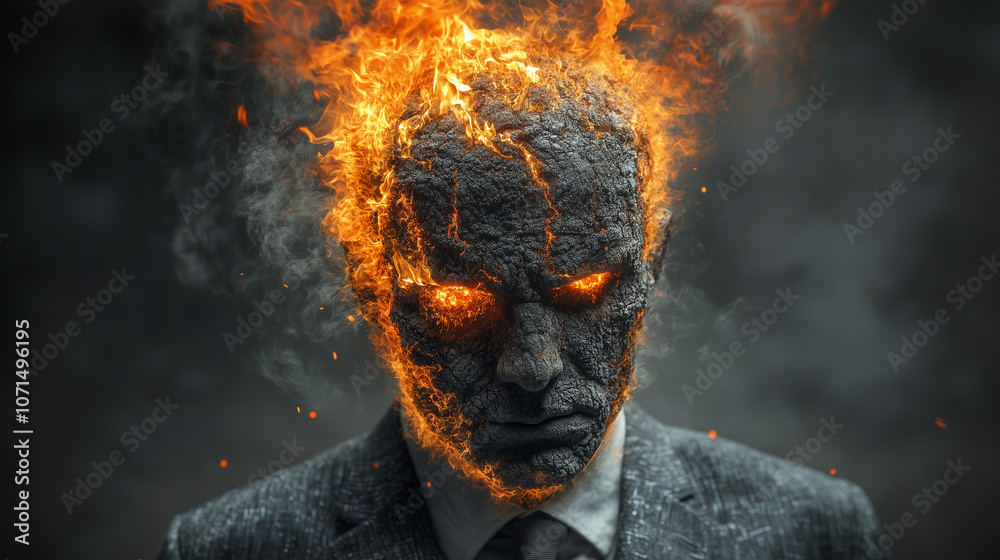 Corporate man in a suit with a face of burning coal symbolizing the ...