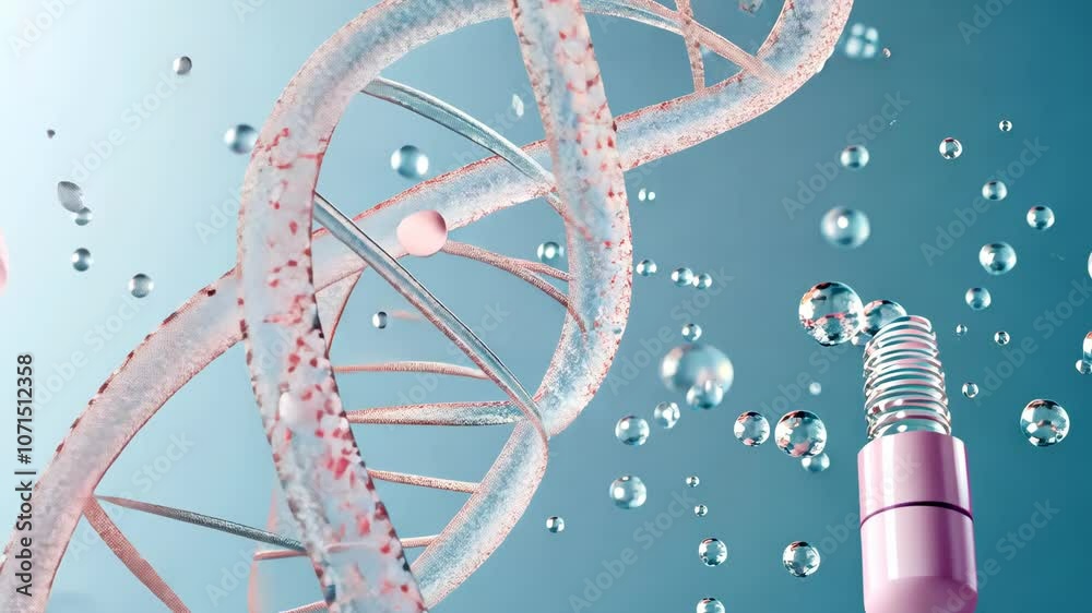 Rotating DNA Double Helix with Pink Capsule, Rose Petals, and Bubbles ...
