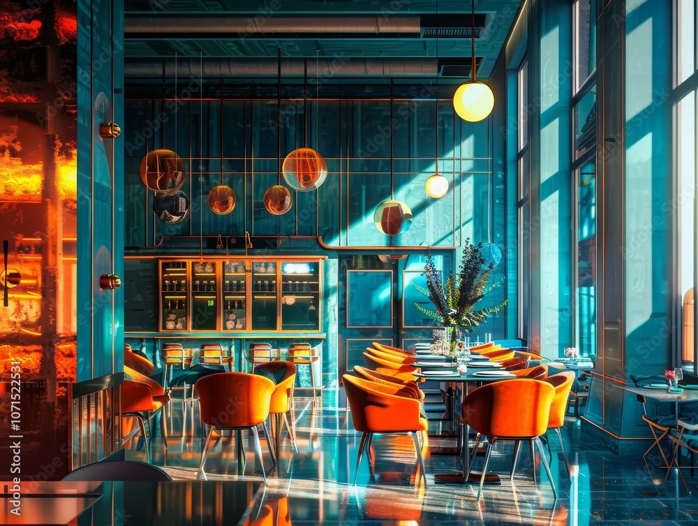 This image captures a lively inner-city cafe with a striking blue and ...