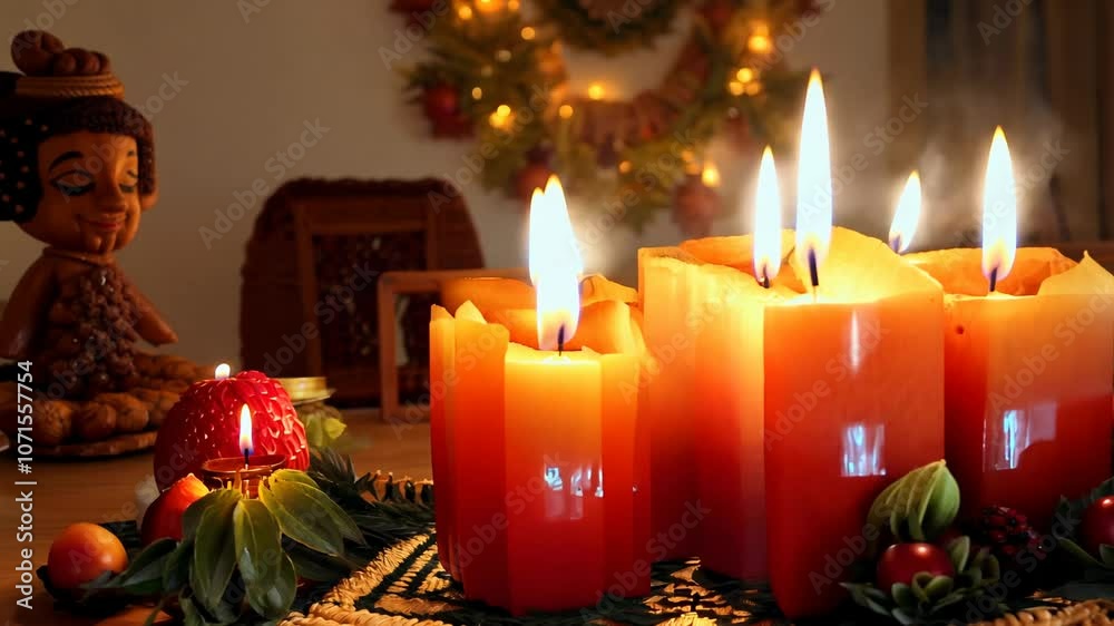 A static video with bounce lighting showcasing a Kwanzaa kinara with ...