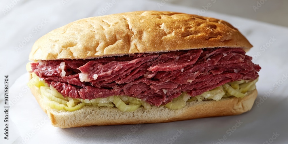 Dry sandwich featuring corned beef complemented by frozen leeks. Enjoy ...
