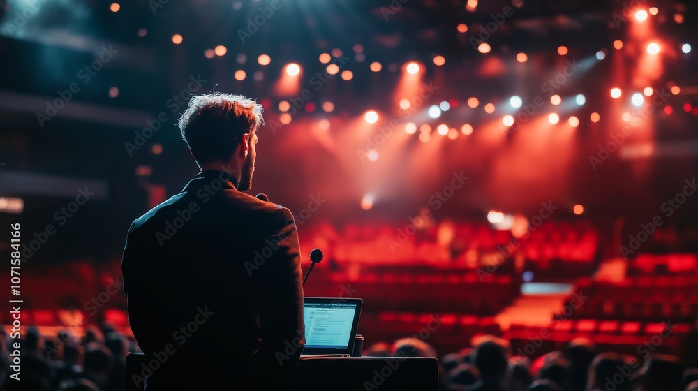 speaker addressing a large audience at a business conference, laptop ...