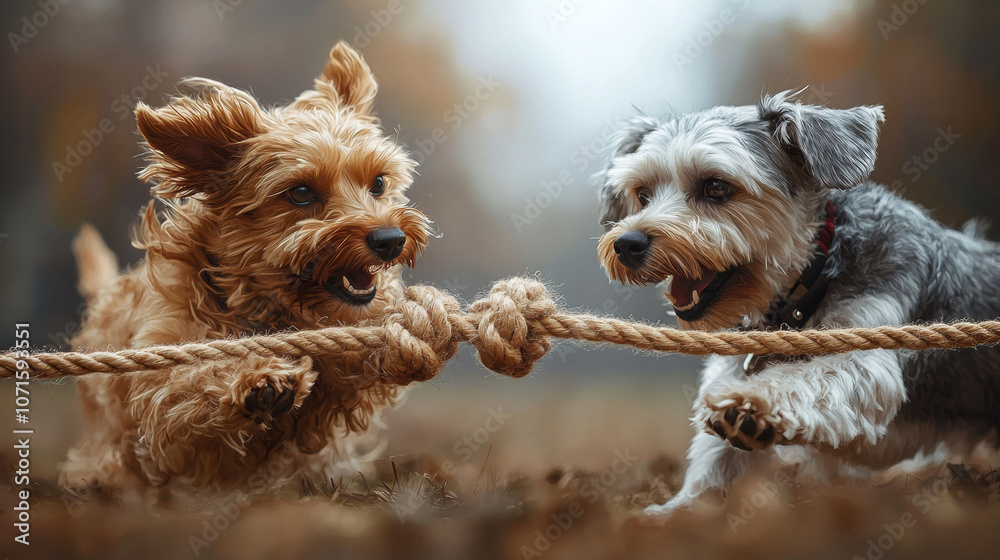 Playful dogs engaging in tug of war with rope, showcasing their ...