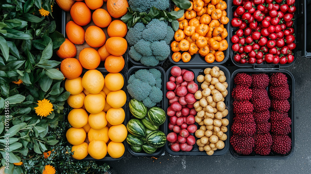 Vibrant Veggie & Fruit Abundance: A colorful flat lay showcasing an ...