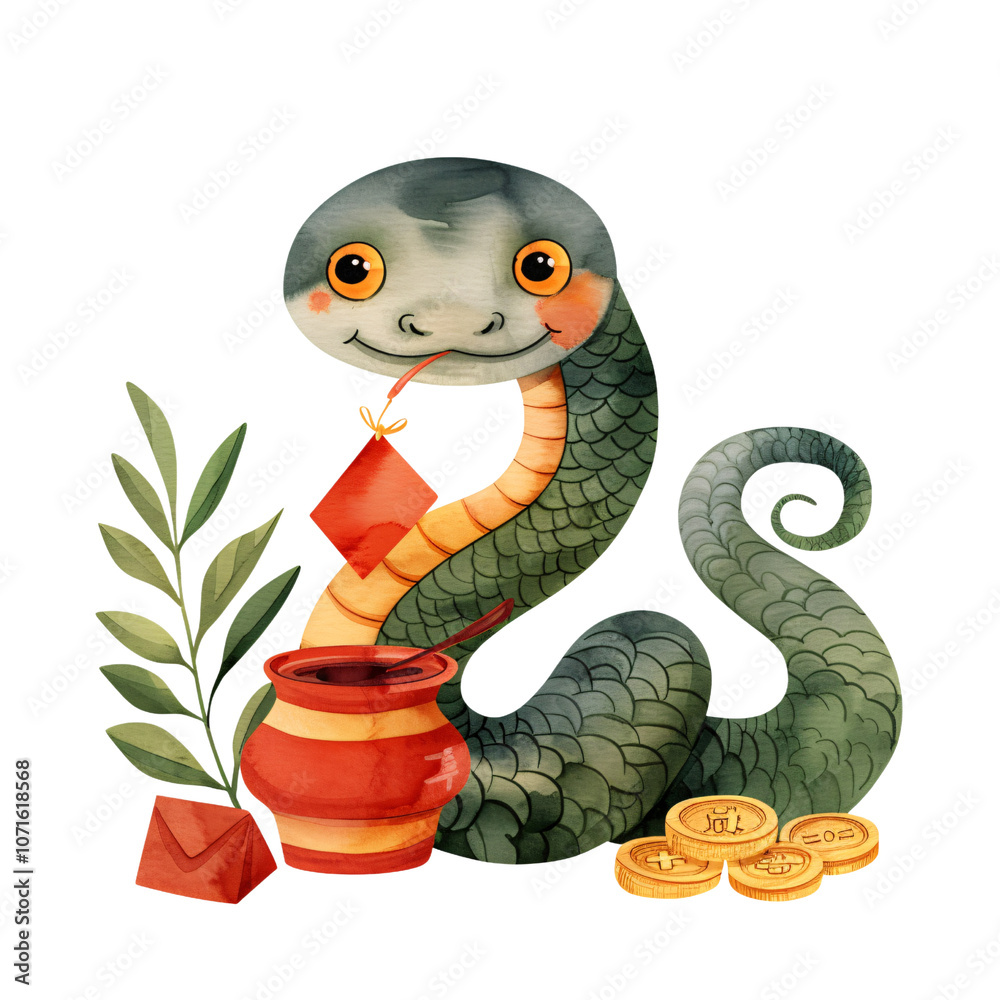 Lunar New Year Snake Illustration with Red Envelope and Coins, Cute ...