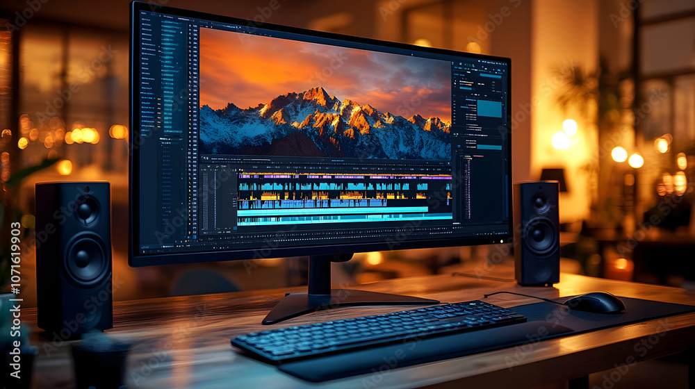 Computer Desktop with a Mountain Sunset Background on a Screen Stock ...