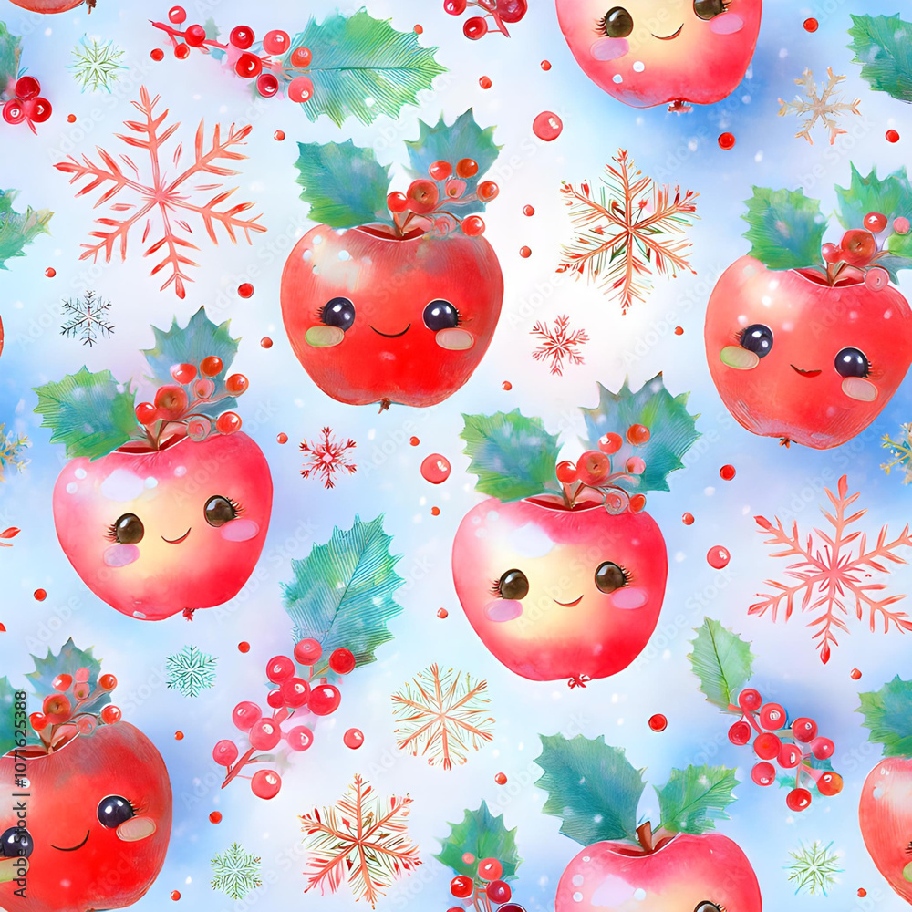 Chibi Apples with Holly Leaves Surrounded by Soft Watercolor – Seamless ...