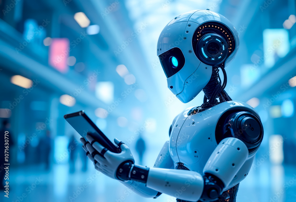 Ai robot using tablet with AI artificial intelligence technology Stock ...