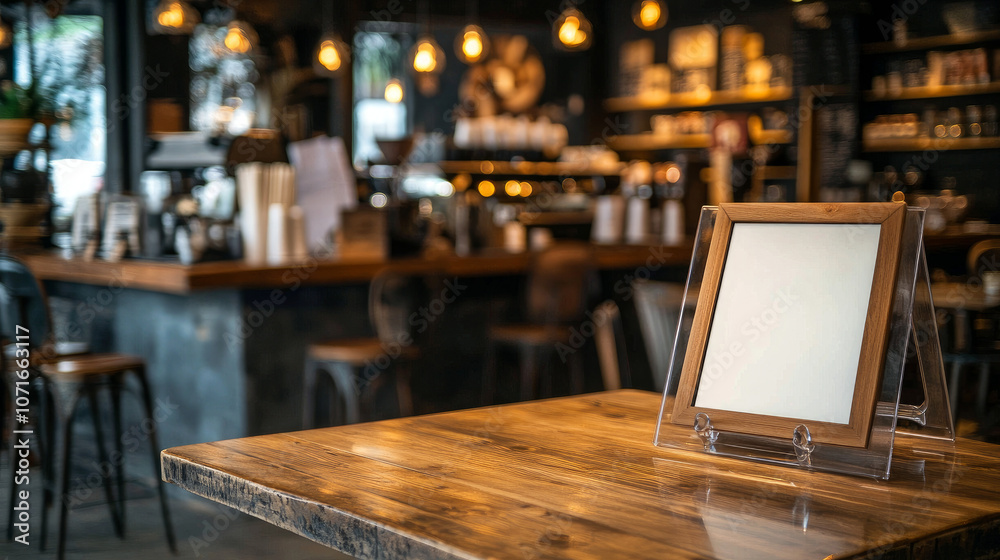 Wooden table in a coffee shop with a blank menu frame. A stand with ...