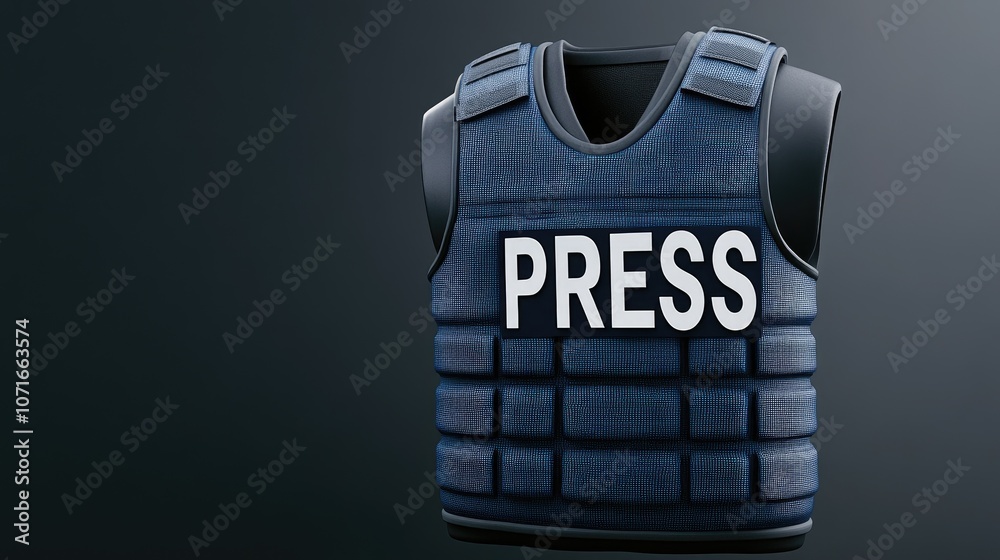 Stylish press vest with bold lettering and a sleek microphone set ...