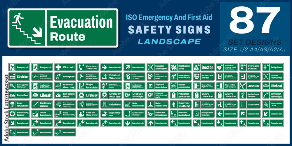 87 set iso emergency and first aid safety signs v85_landscape size 1/2 ...