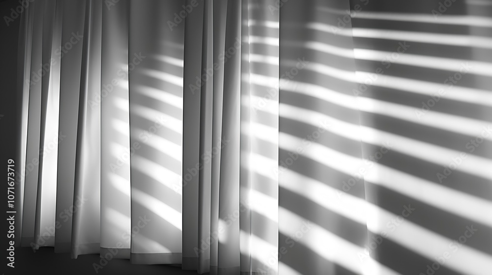Light and shadows lines from curtain and silates on the white wall ...