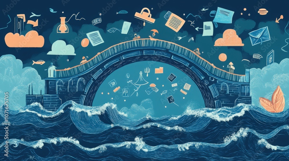 A thematic bridge formed by education symbols, arching over choppy ...