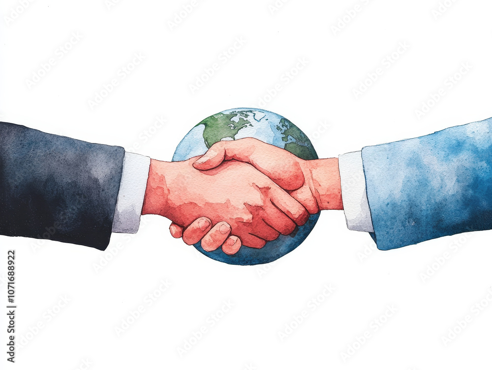 Two hands shaking over globe symbolize global cooperation and unity ...