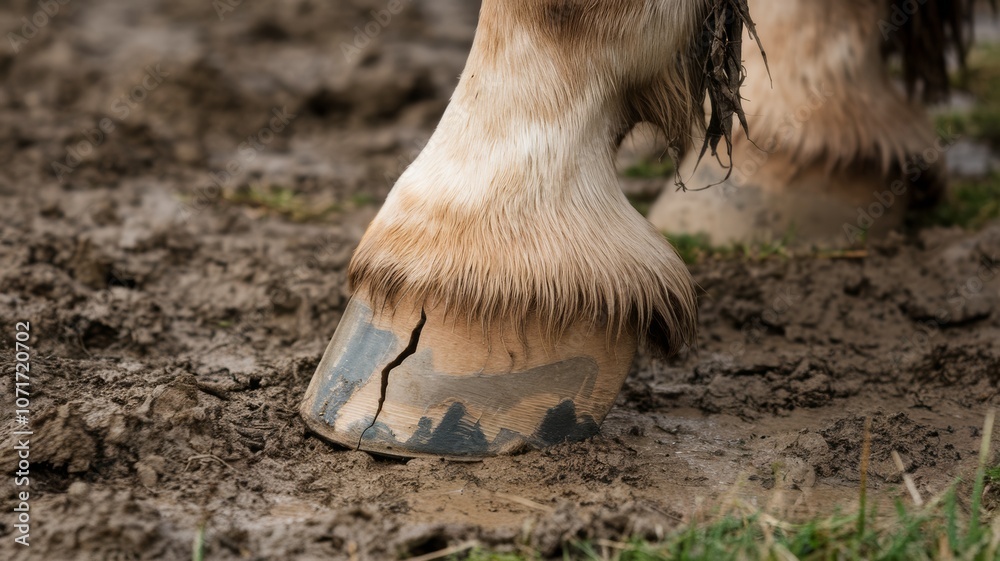 A photo of a horse's hoof covered in mud. The hoof is slightly raised ...