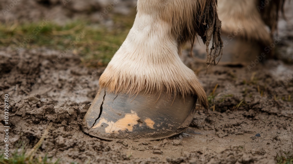 A photo of a horse's hoof covered in mud. The hoof is slightly raised ...