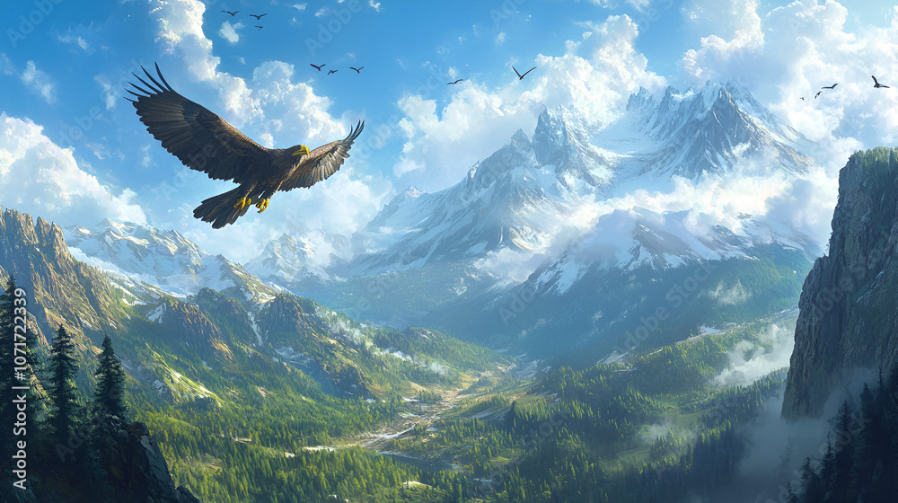 Bald Eagle in flight with snow mountain background, Majestic Eagle ...