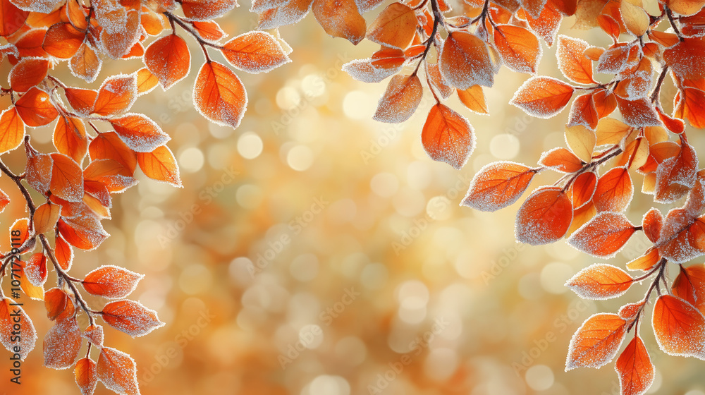 First frost fall leaves.Snow drizzles trees winter background ...