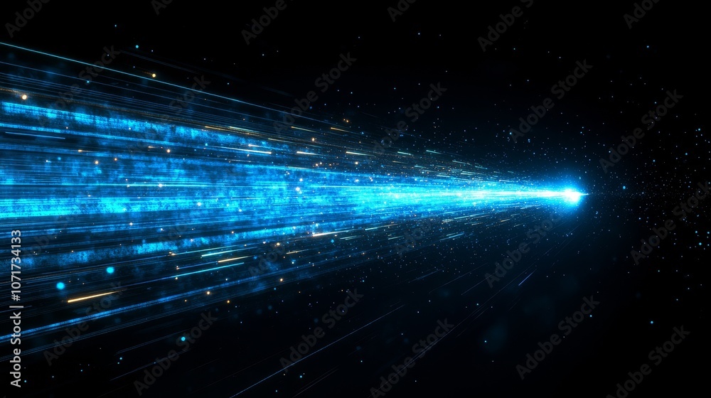 The abstract blue light track and luminous particles on the black ...