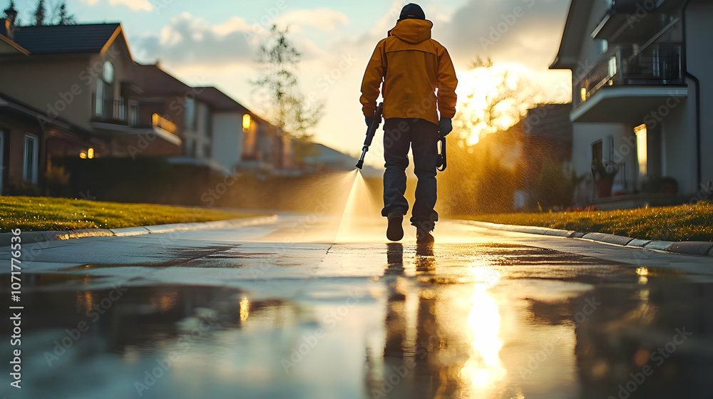 Man Cleaning Sidewalk with Pressure Washer - Realistic Image Stock ...