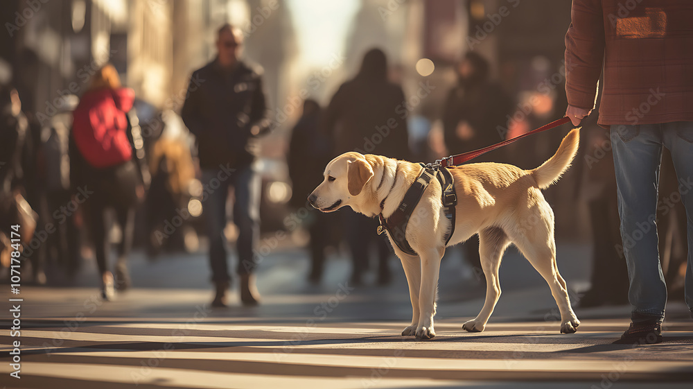 A high-quality image of a guide dog leading a blind man across a ...