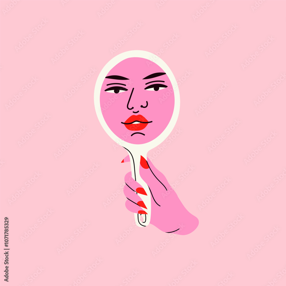 Woman's hand holding mirror reflexing her beautiful face. Lady staring ...