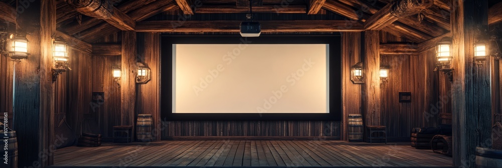 Rustic theater interior with blank projector screen, perfect for a ...