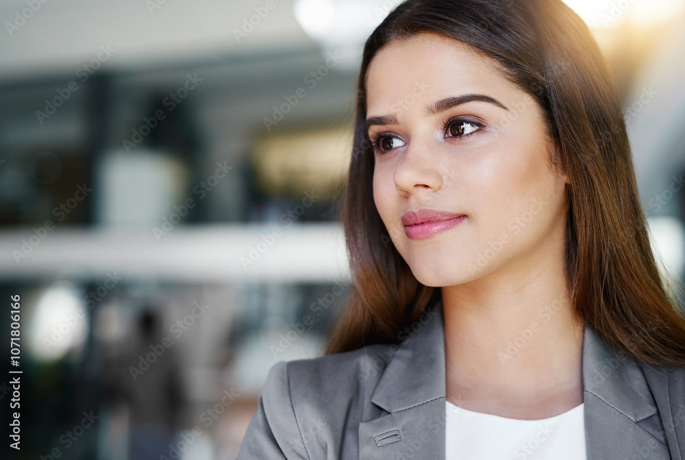 Face, thinking and vision with business woman in corporate workplace ...