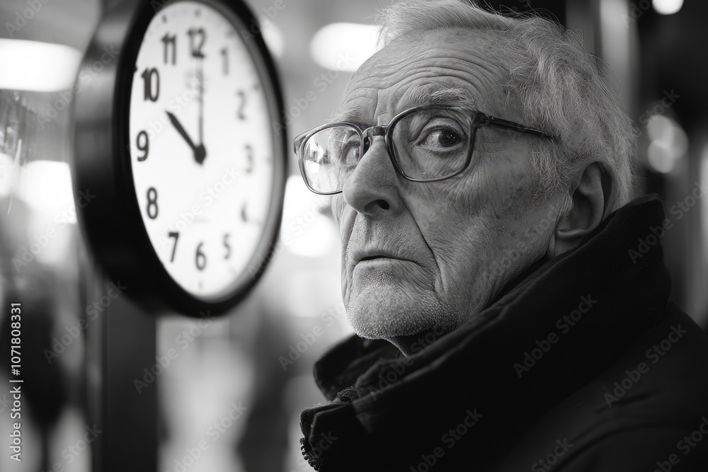 Senior man waiting and watching the clock in black and white Stock ...