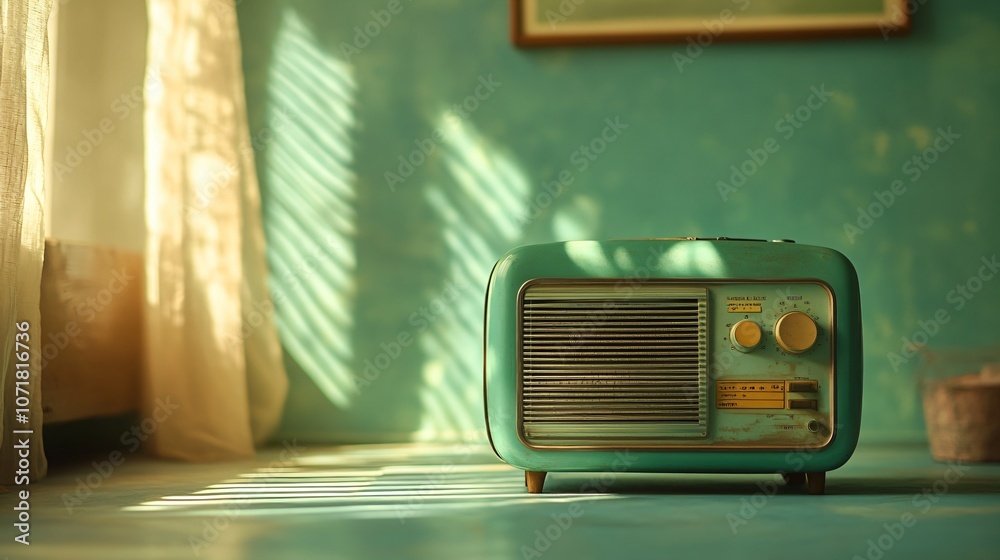 Vintage mint green radio sitting on a monochrome background, retro ...