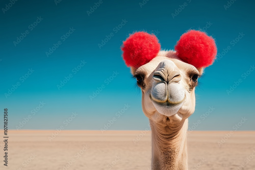 Camel with red pom poms on its head is standing in a desert. The scene ...