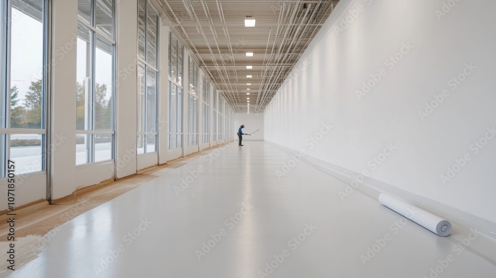 Bright and spacious minimalist hallway with symmetrical architectural ...
