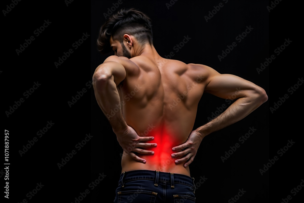 Young shirtless man from the back side. He holds his hands at the back ...