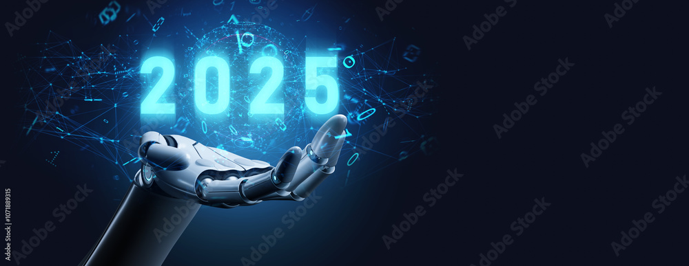 Robotics hand holding or showing on the year 2025 to welcome new ...