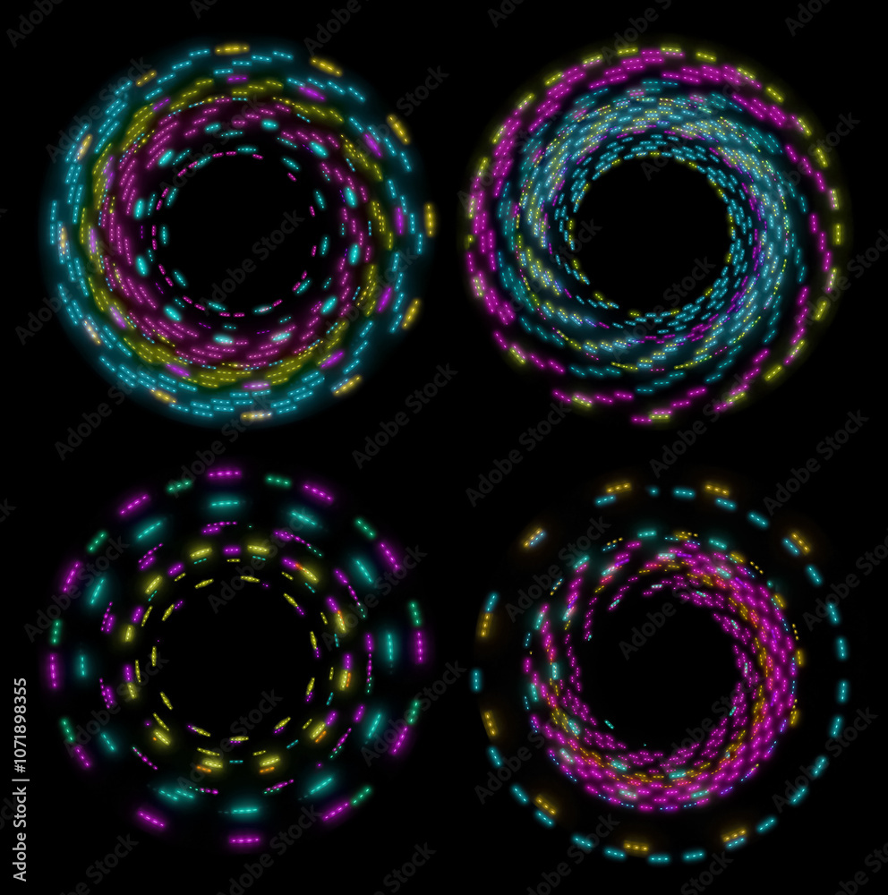 4 vector spiral circular neon lights, in pink, green, yellow, and ...