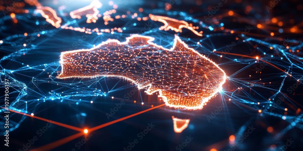 Blue abstract digital map of Australia with lines and dots for travel ...