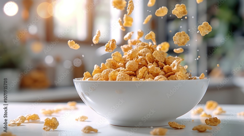 Flakes falling from the cereal box beautifully on a cereal white bowl ...