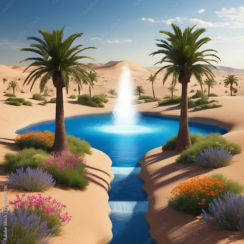 Hidden Oasis in Vast Desert with Palm Trees, Blue Water, and ...