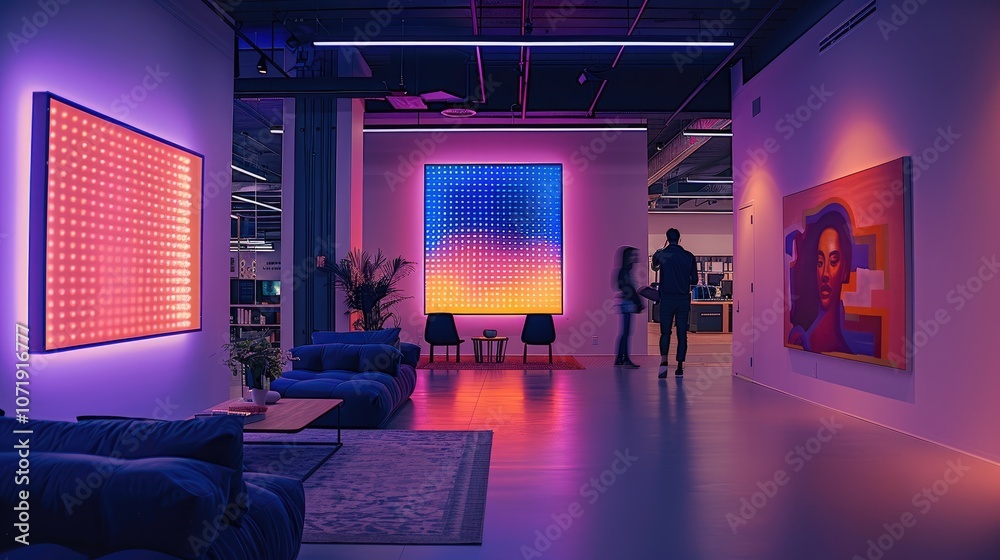 A creative office space with an interactive mural, colorful neon lights ...