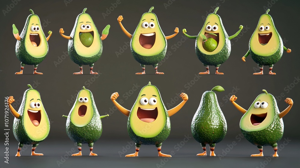 120.Cartoon avocado athlete with a happy face, depicted in multiple ...