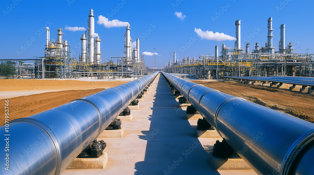 Large pipelines leading to gas processing plant with industrial ...