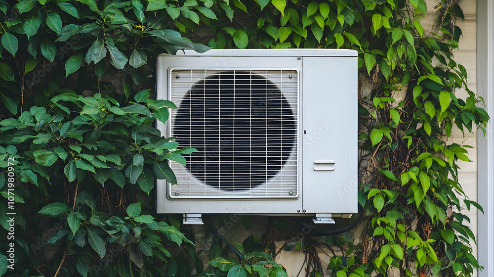 Air source heat pump unit installed outdoors at a modern home ...