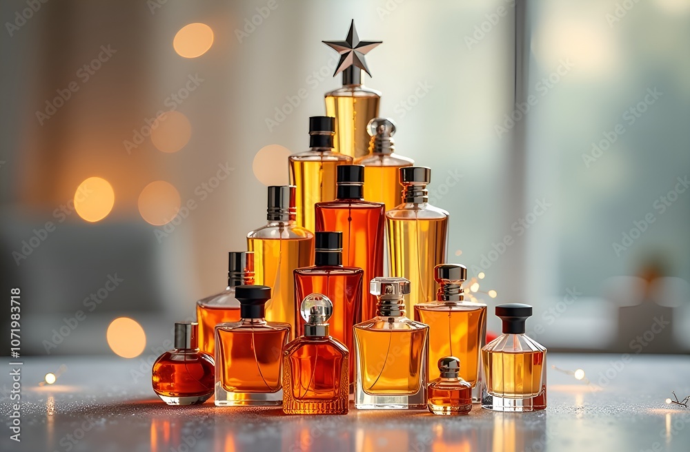 Pyramid of perfume bottles. A Christmas tree made from cologne bottles ...
