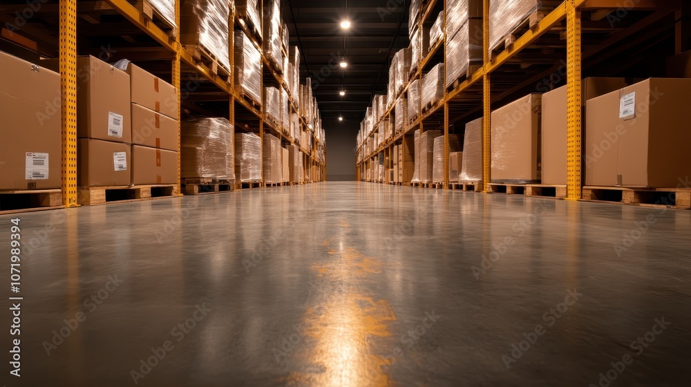 An expansive warehouse aisle stretches forward, lined with towering ...