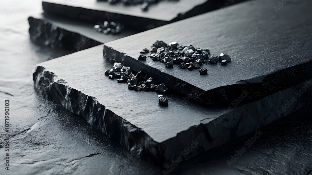 Graphite flakes resting on stone slabs, shimmering dark textures, raw ...
