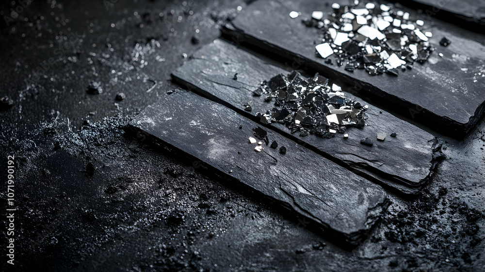 Graphite flakes resting on stone slabs, shimmering dark textures, raw ...