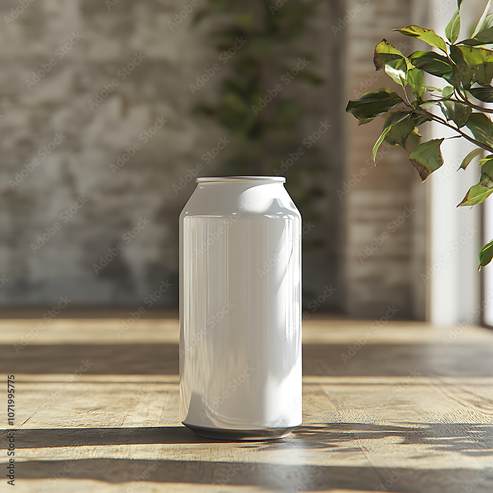realistic white soda can stands on wooden floor, surrounded by greenery ...