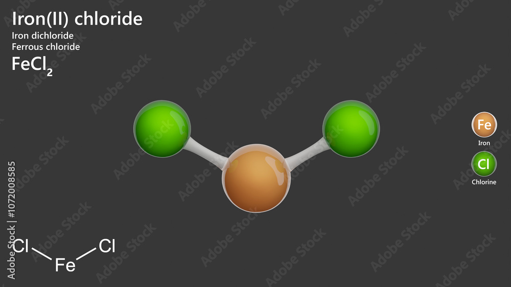 Molecule: Iron(II) Chloride. Molecular structure. Formula: FeCl2 ...