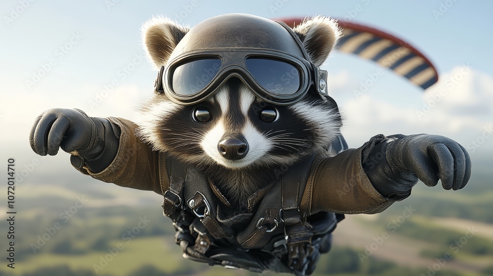 Raccoon wearing a pilot's hat and goggles is flying a plane. The scene ...