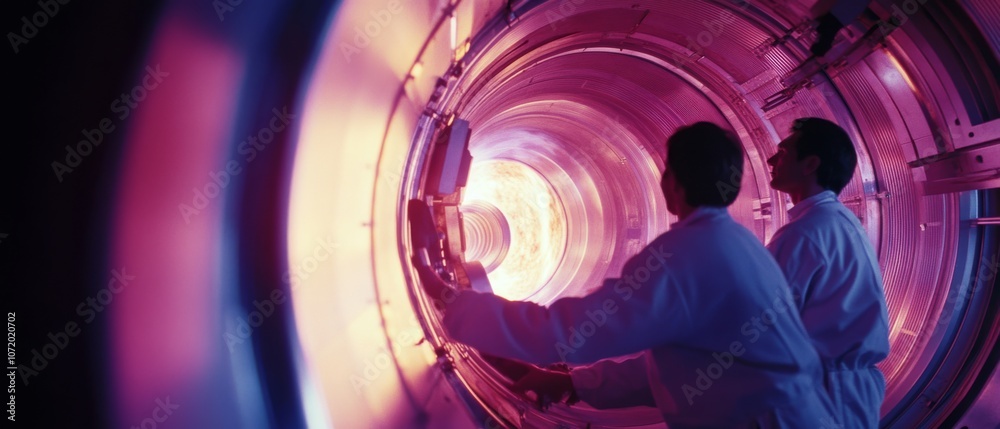 Scientists in a neon-lit tunnel examine an advanced machine, embodying ...